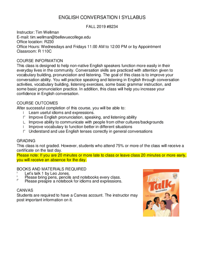 Fillable Online ENGLISH CONVERSATION I SYLLABUS - Bellevue College Fax ...