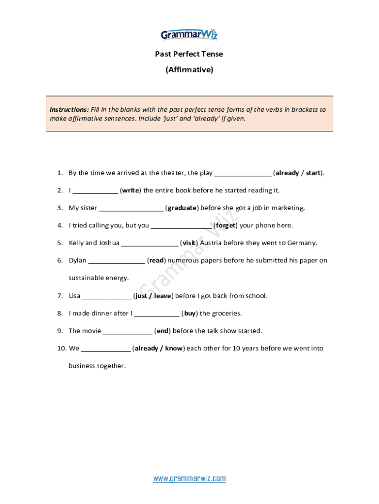 Fillable Online Past Perfect Exercises: The Affirmative Tense - Grammar ...