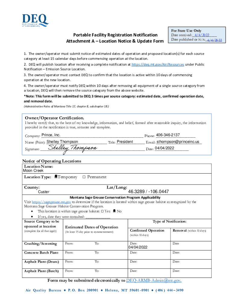 Fillable Online deq mt Portable Facility Registration Notification Attachment A Location ... Fax ...