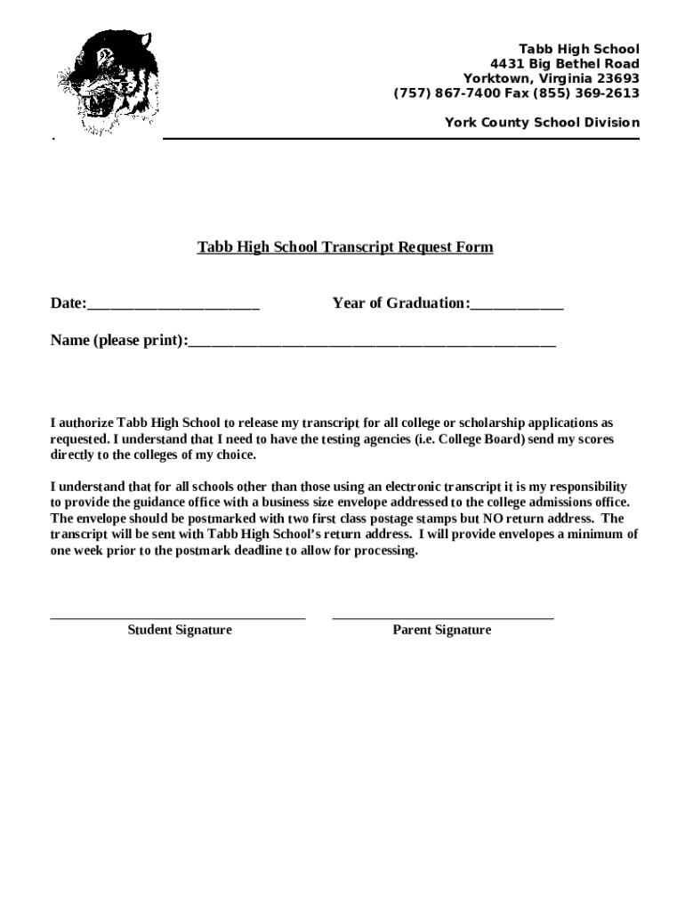 Tabb High School Transcript RequestYorktown, VANeedMyTranscript Doc ...
