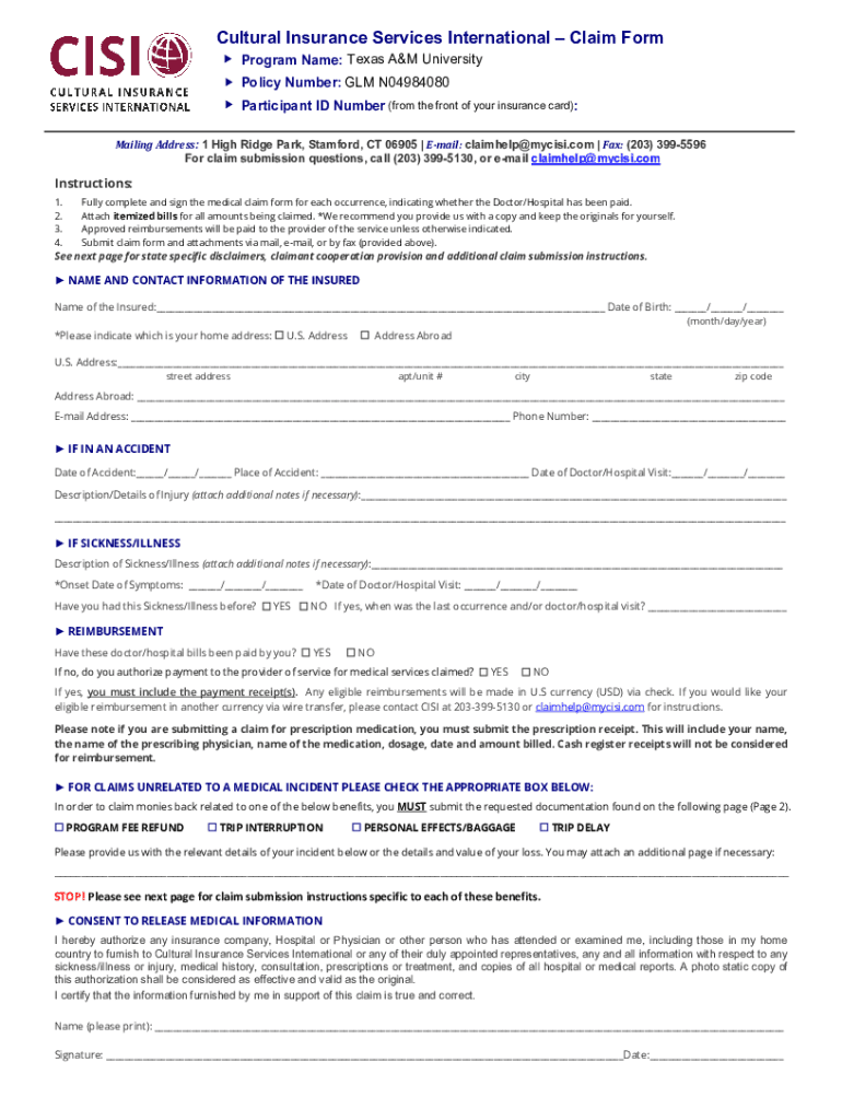 Fillable Online Cultural Insurance Services International - Claim Form ...
