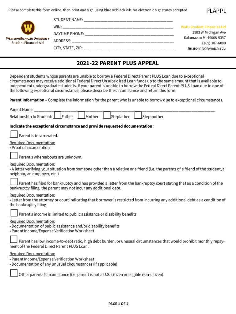 Fillable Online louisville.edu financialaid loansDirect Parent PLUS Denial Exemption Appeal (PDF ...