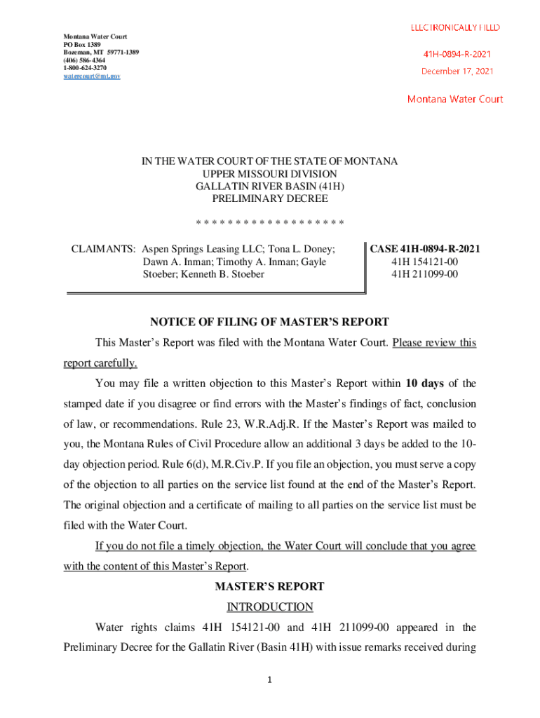 Fillable Online courts mt NOTICE OF FILING OF MASTERS REPORT - Montana ...