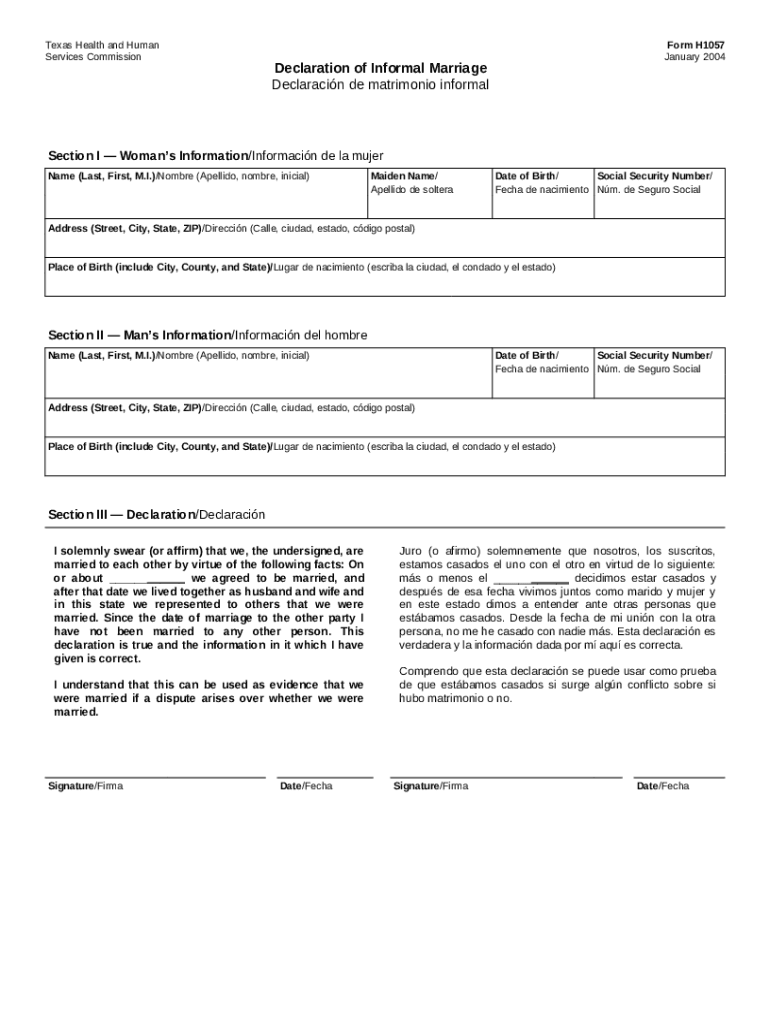 H1057, Declaration of Inal Marriage - Texas Doc Template | pdfFiller