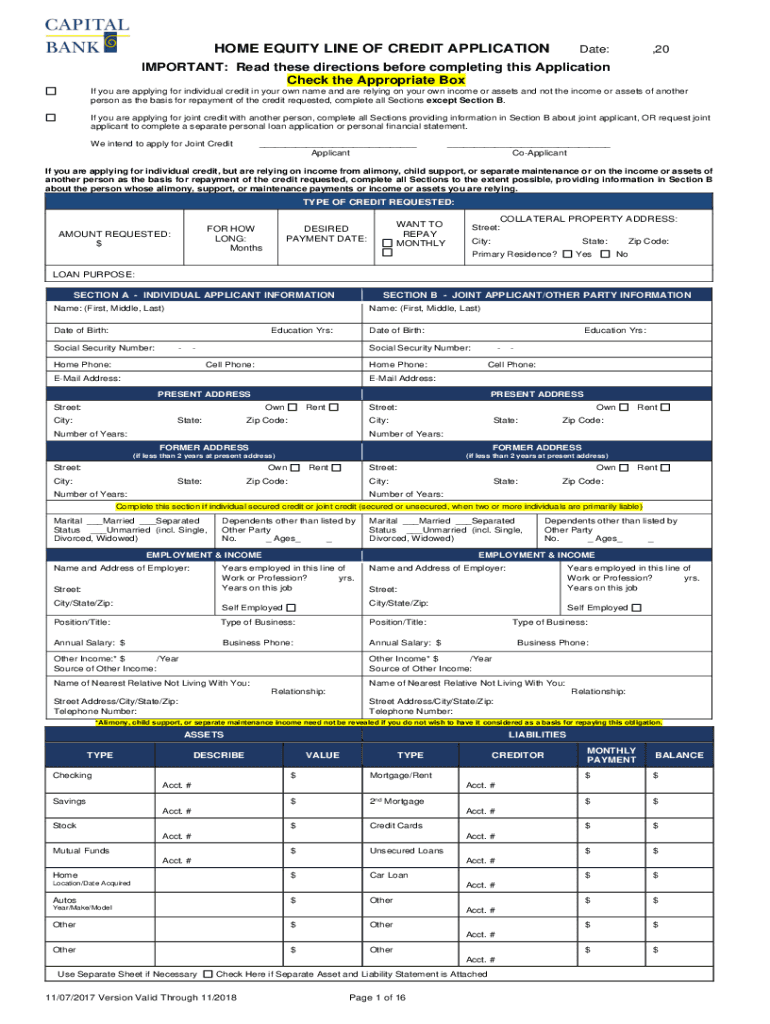 Fillable Online HOME EQUITY LINE OF CREDIT APPLICATION - Capital Bank Fax Email Print - pdfFiller