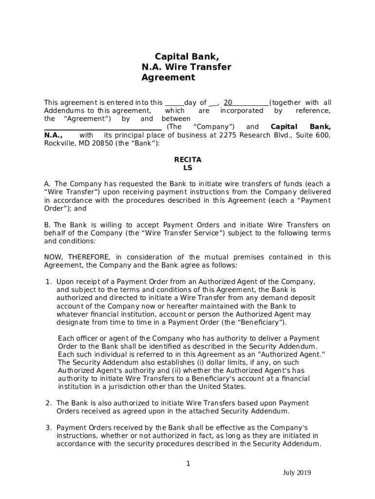 Capital Bank, N.A. Wire Transfer Agreement Doc Template | pdfFiller