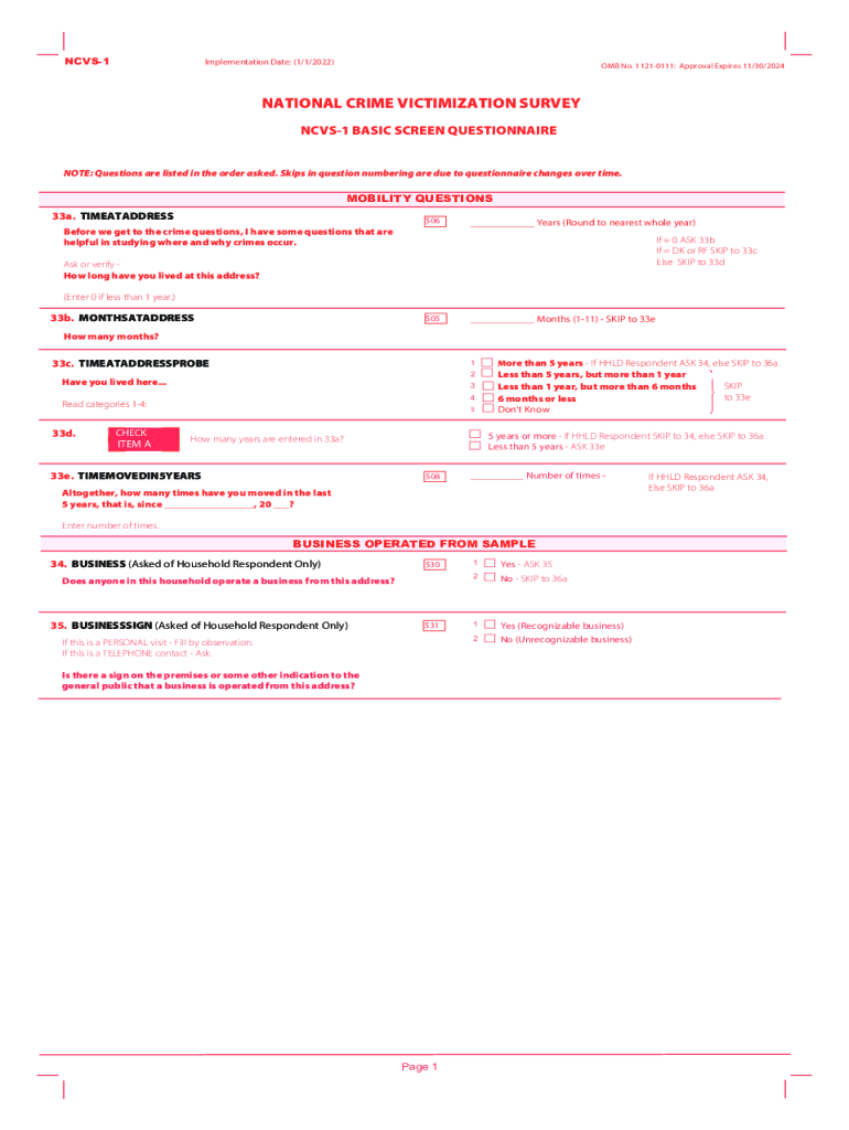 Fillable Online National Crime Victimization Survey - NCVS-1 Basic ...