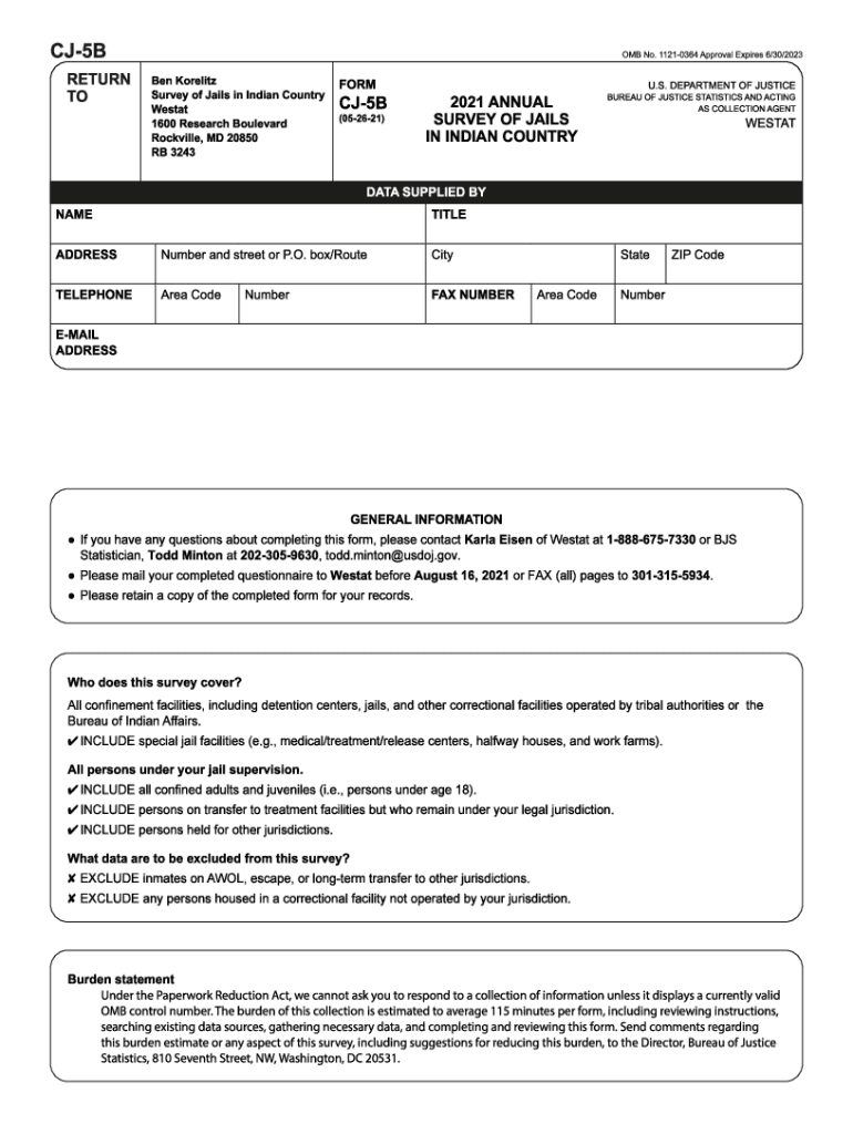 Fillable Online Form CJ-5B - 2021 Annual Survey of Jails in Indian ...