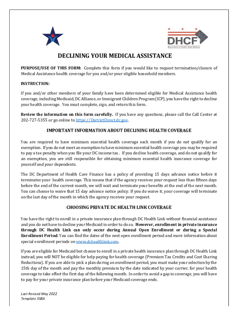 Fillable Online DECLINING YOUR MEDICAL ASSISTANCE - DC Health Link Fax ...