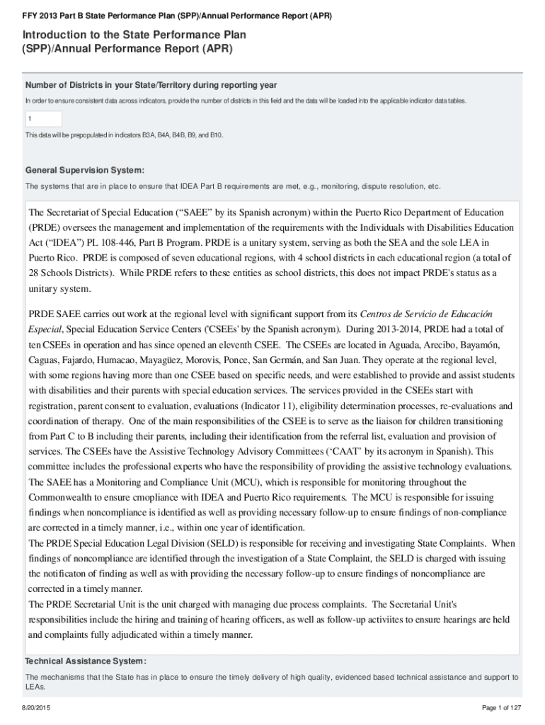 Fillable Online FFY 2013 Part B State Performance Plan (SSP)/Annual ...