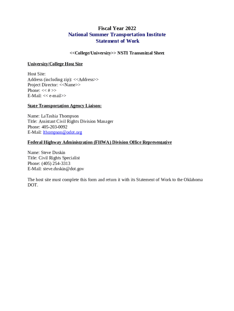 Fiscal Year 2022 National Summer Transportation Institute Statement of ...