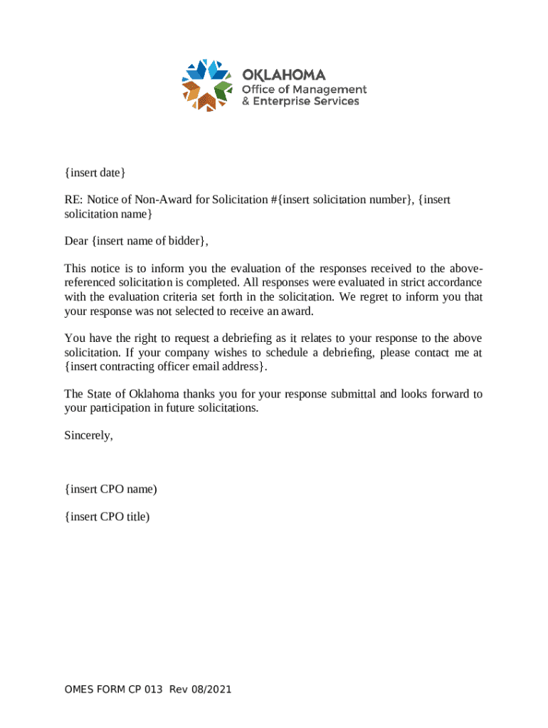 CP 013. Template of used for notice of non-award of solicitation by the ...