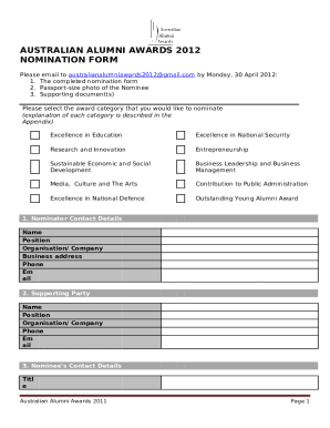 Nomination Australian Alumni Awards 2012 Doc Template | pdfFiller
