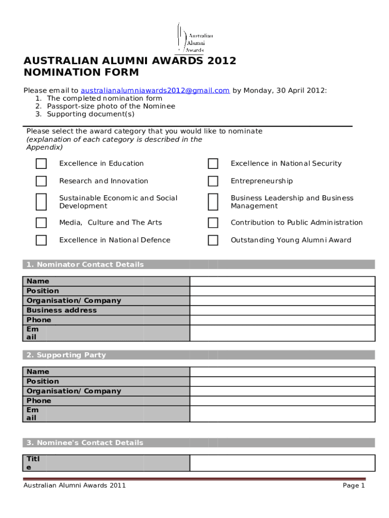 Nomination Australian Alumni Awards 2012 Doc Template | pdfFiller