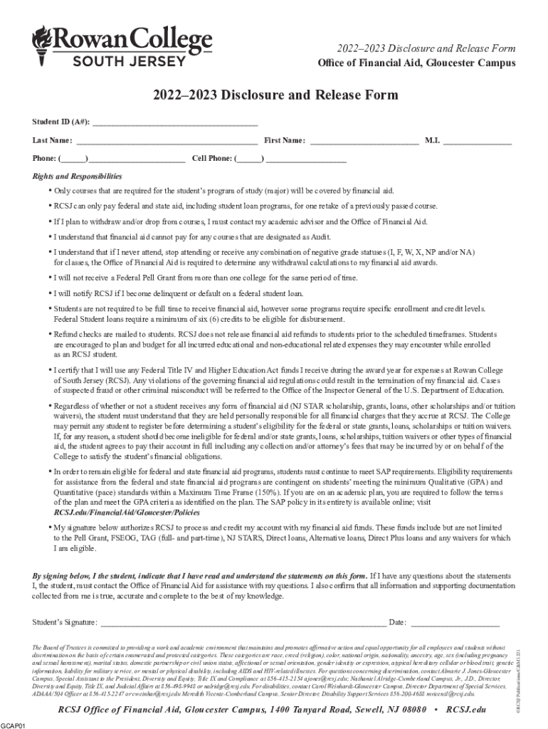 Fillable Online 20222023 Disclosure and Release Form - Rowan College of ... Fax Email Print ...