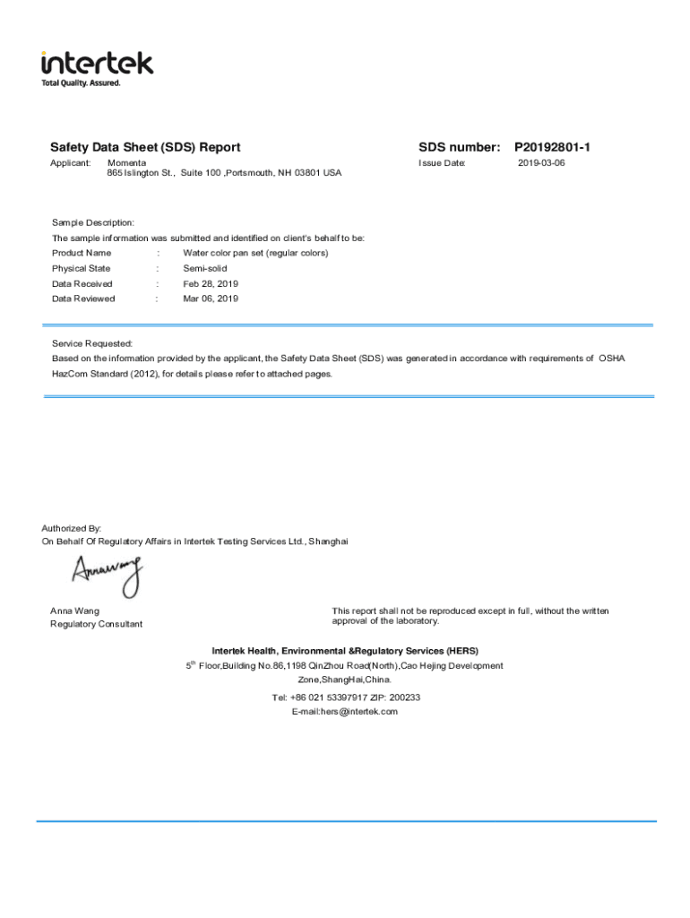 Fillable Online Safety Data Sheet (SDS) Report SDS number: P20192801-1 ...