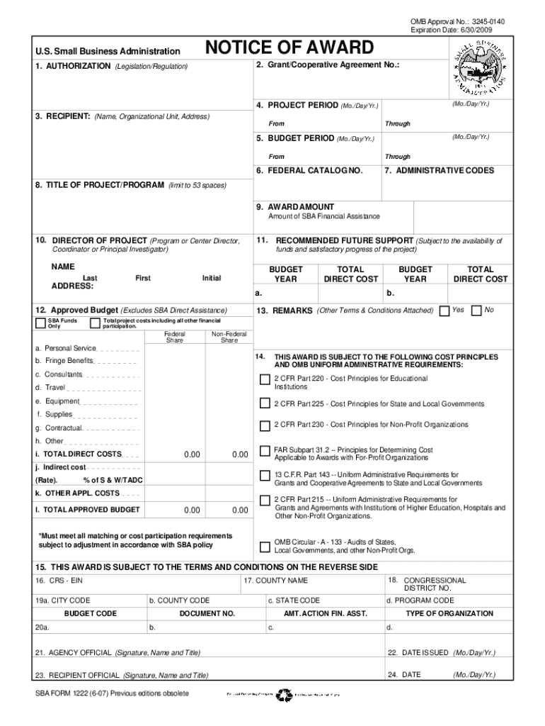 Fillable Online Form 1222 Notice of Award - omb.report Fax Email Print ...