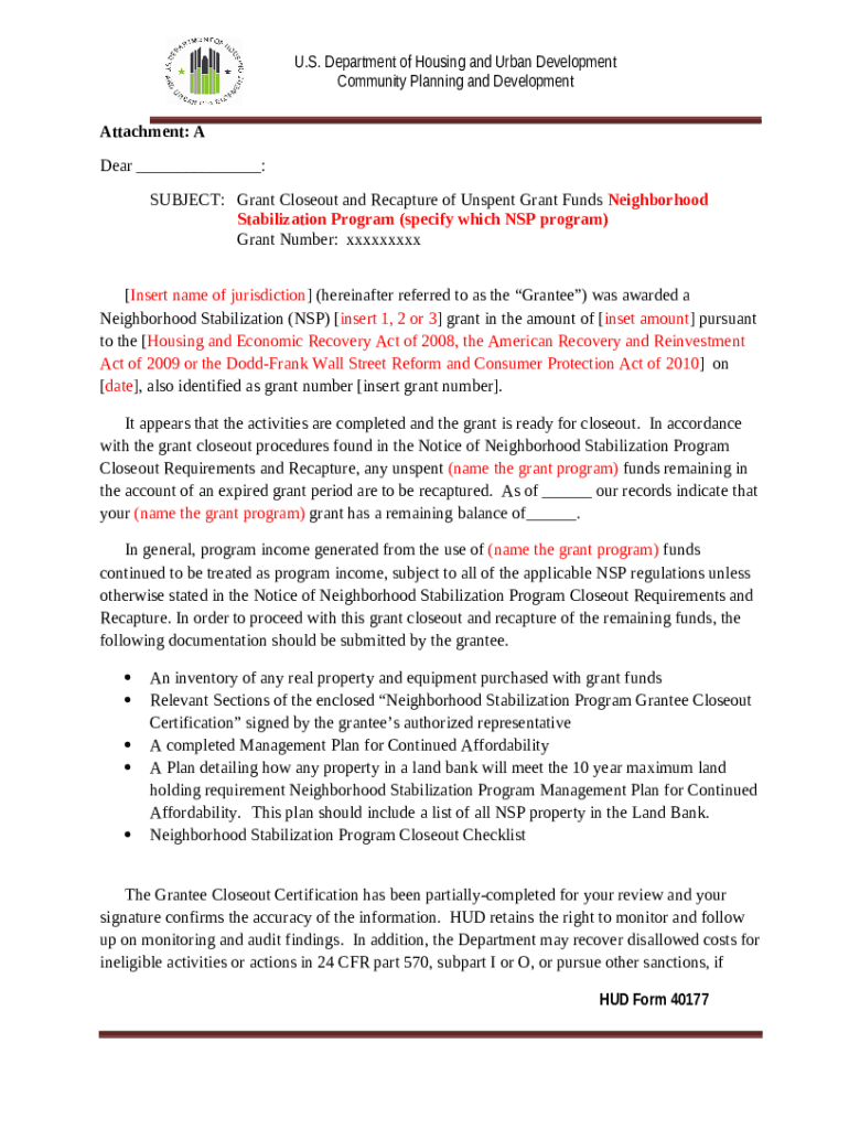 HUD 40177 Attachment A Grant Closeout and Recapture of Unspent Gra ...