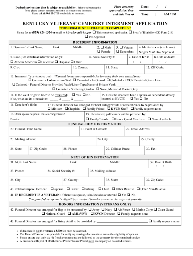 Fillable Online veterans ky veterans.ky.govCemeteriesDocumentsKENTUCKY ...