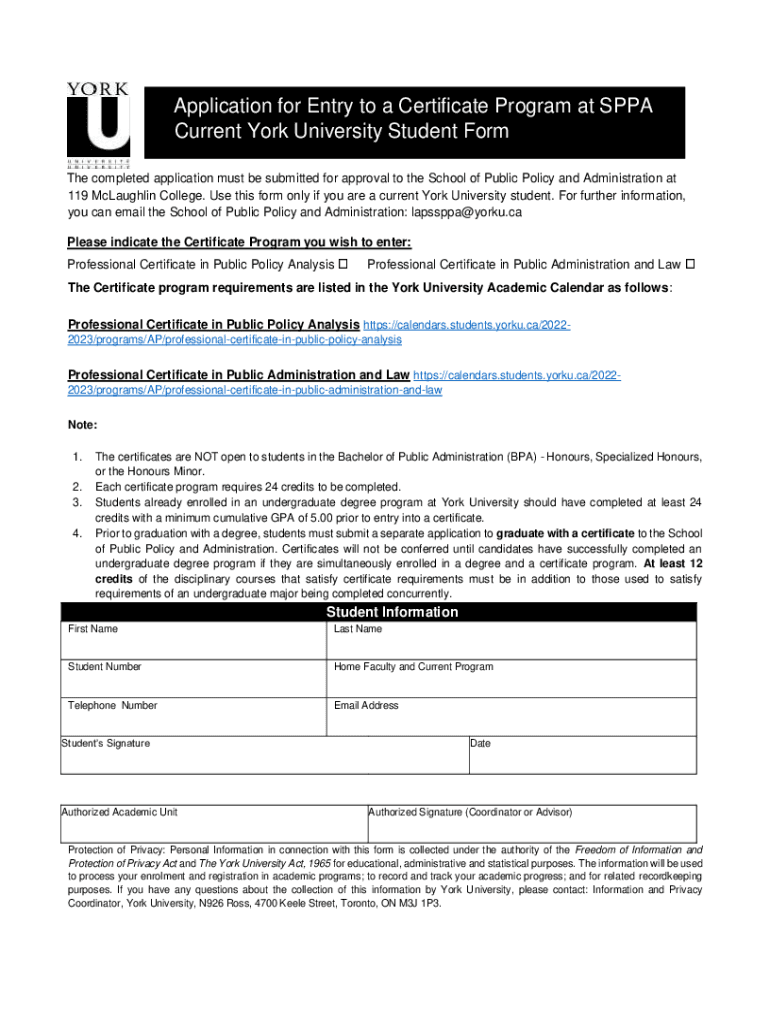 Fillable Online Application for Entry to a Certificate Program at SPPA ...