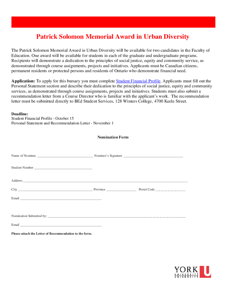 Fillable Online Patrick Solomon Memorial Award in Urban Diversity ...