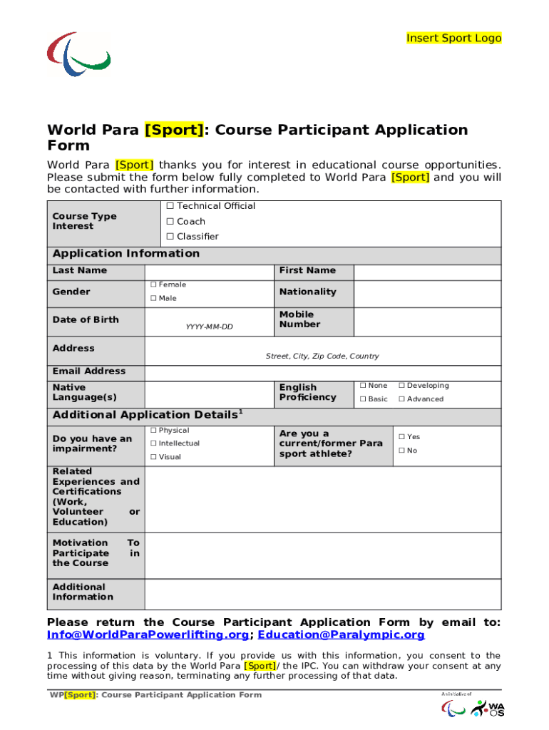 World Para Athletics : Course Participant Application Doc Template | pdfFiller