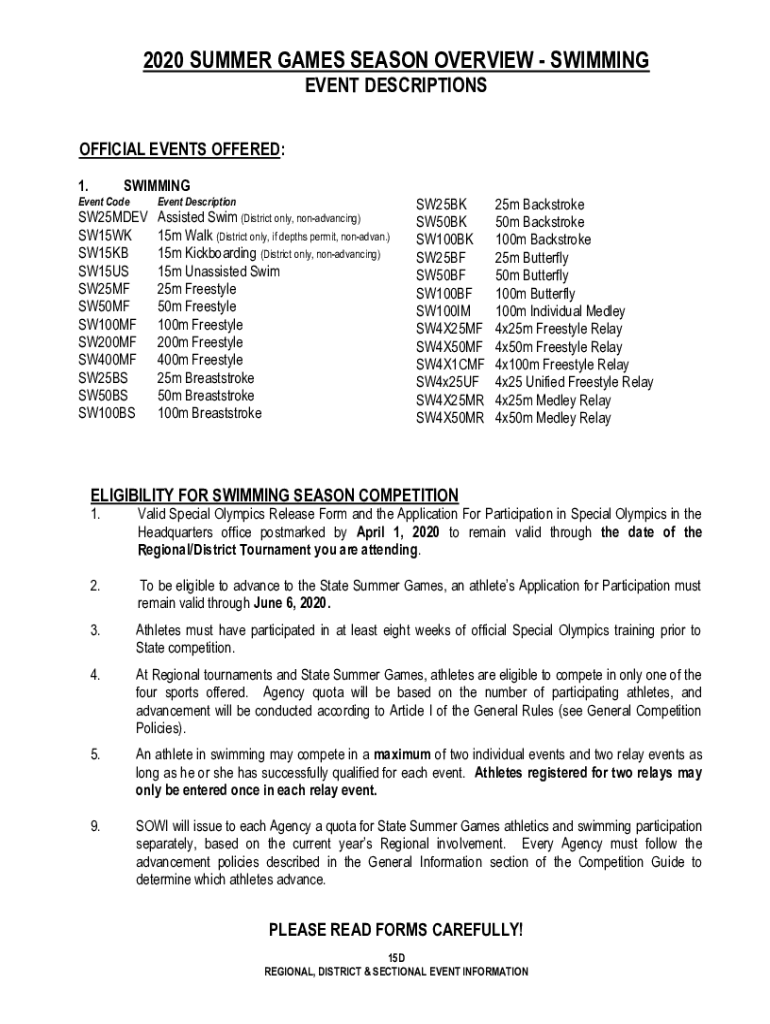 Fillable Online 2020 SUMMER GAMES SEASON OVERVIEW - SWIMMING EVENT DESCRIPTIONS Fax Email Print ...