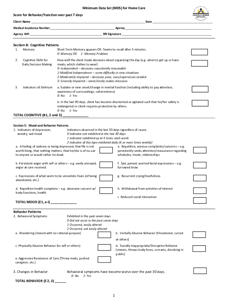Fillable Online eohhs ri Minimum Data Set (MDS) for Home Care Score for Behavior ... Fax Email ...