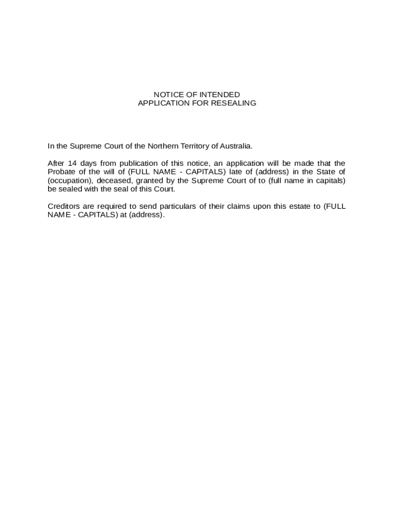 NOTICE OF INTENDED APPLICATION FOR RESEALING In the Supreme Court of ...