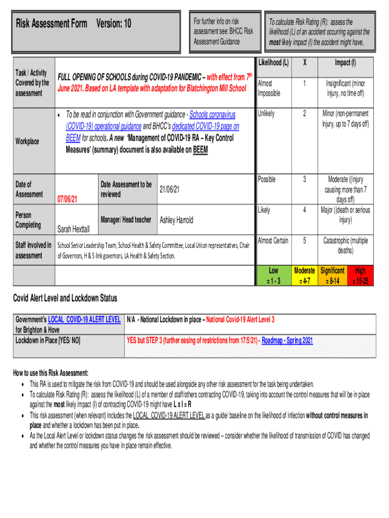 Fillable Online Risk Assessment Form - Blatchington Mill Fax Email ...