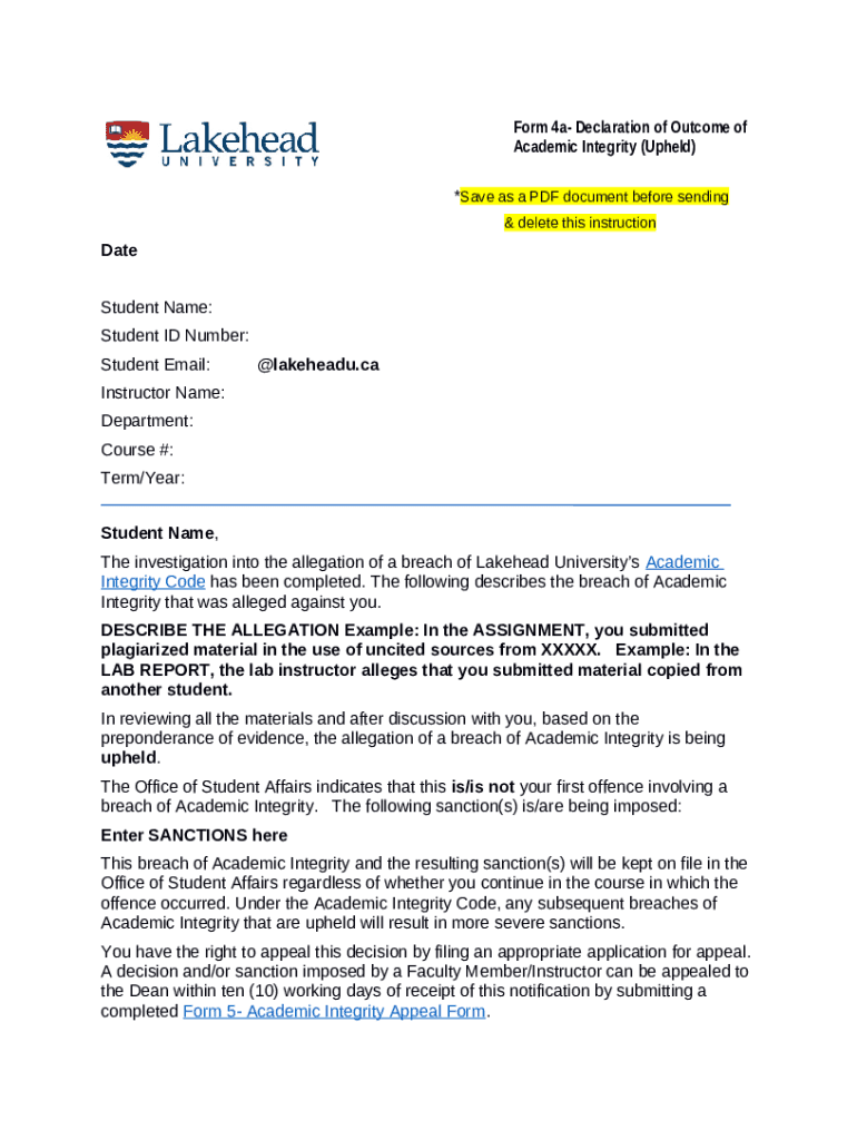 4a- Declaration of Outcome of Academic Integrity (Upheld) Doc Template ...