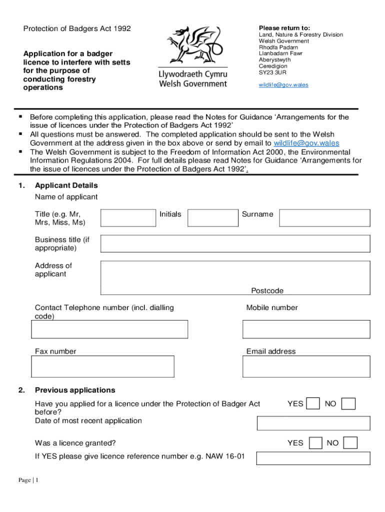Fillable Online Application for a badger licence to interfere with ...
