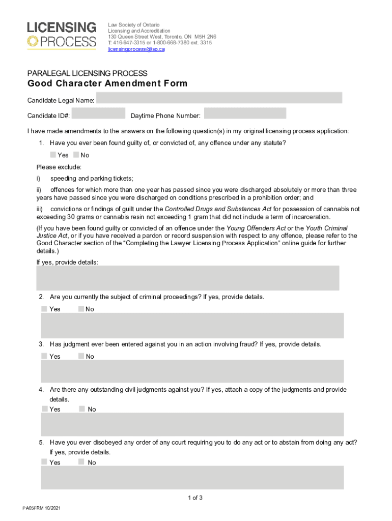 Fillable Online Paralegal Good Character Amendment Form. Paralegal Good ...