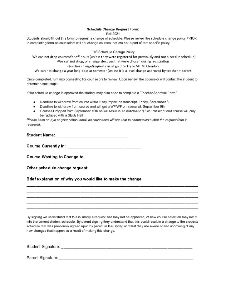 Fillable Online Schedule Change Request Form - Elizabeth School ...
