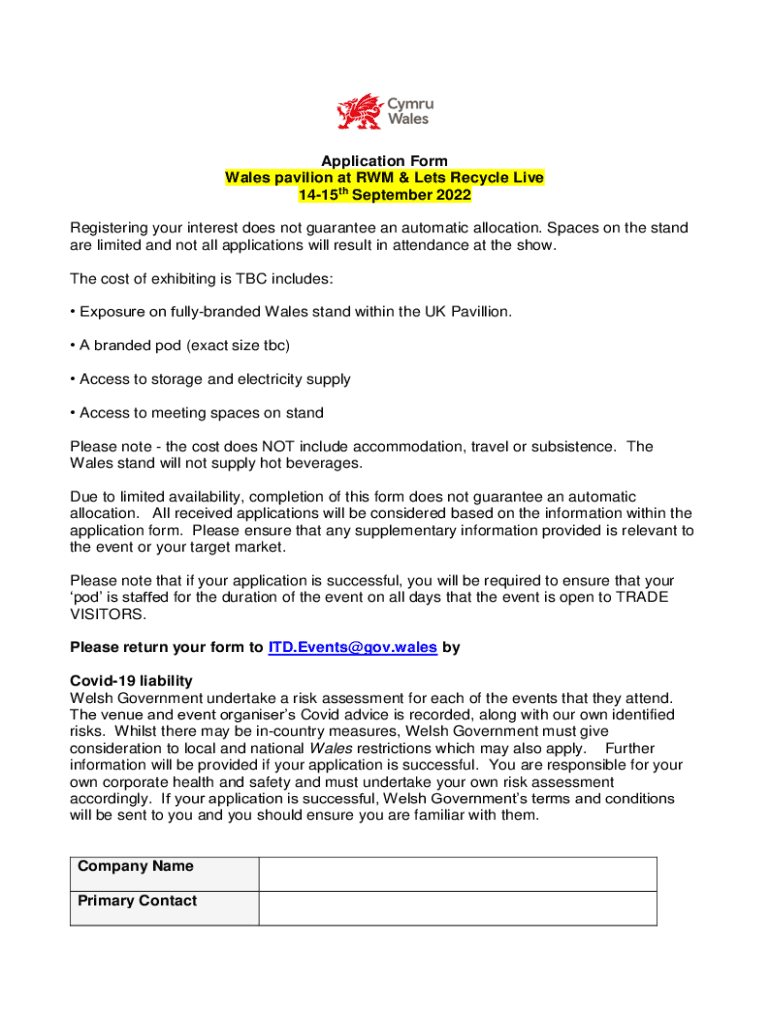 Fillable Online businesswales gov Application Form Wales pavilion at RWM & Lets Recycle Live 14 ...