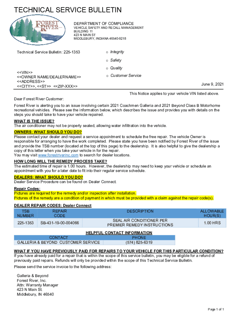 Fillable Online TECHNICAL SERVICE BULLETIN - National Highway Traffic ...
