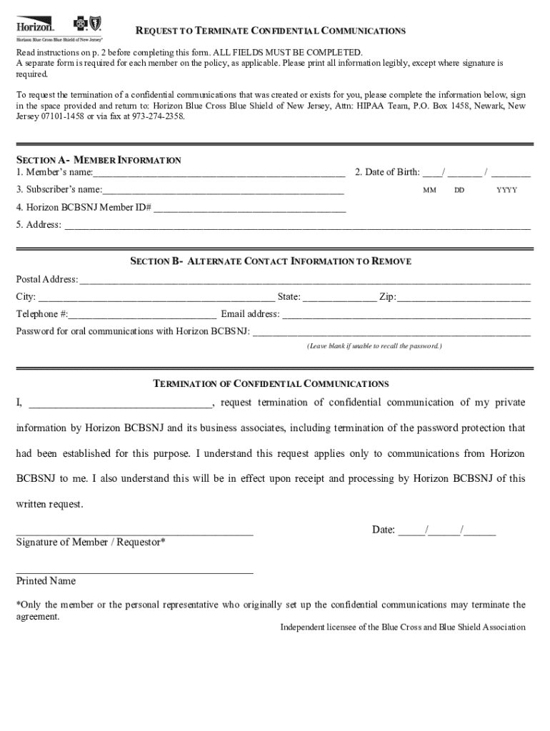 Fillable Online HIPAA Request to Terminate Confidential Communications ...