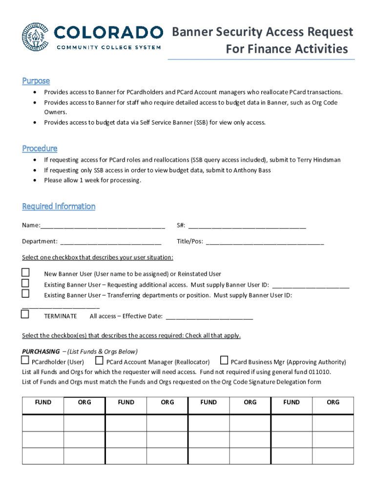 Fillable Online Banner Security Access Request For Finance Activities Fax Email Print - pdfFiller