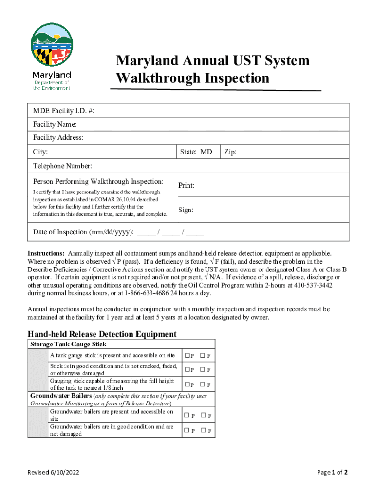 Fillable Online mde maryland Maryland Annual UST System Walkthrough ...