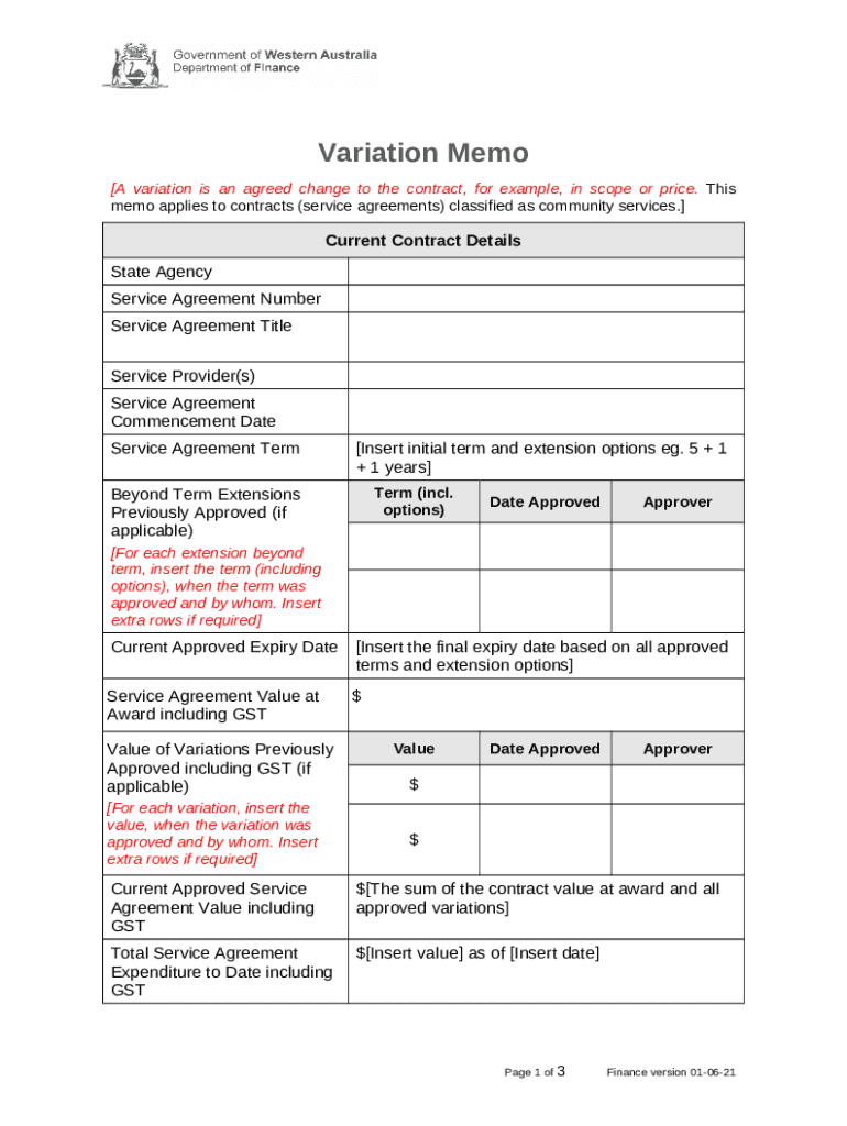 Services Agreement Variation Memo - WA Doc Template | pdfFiller
