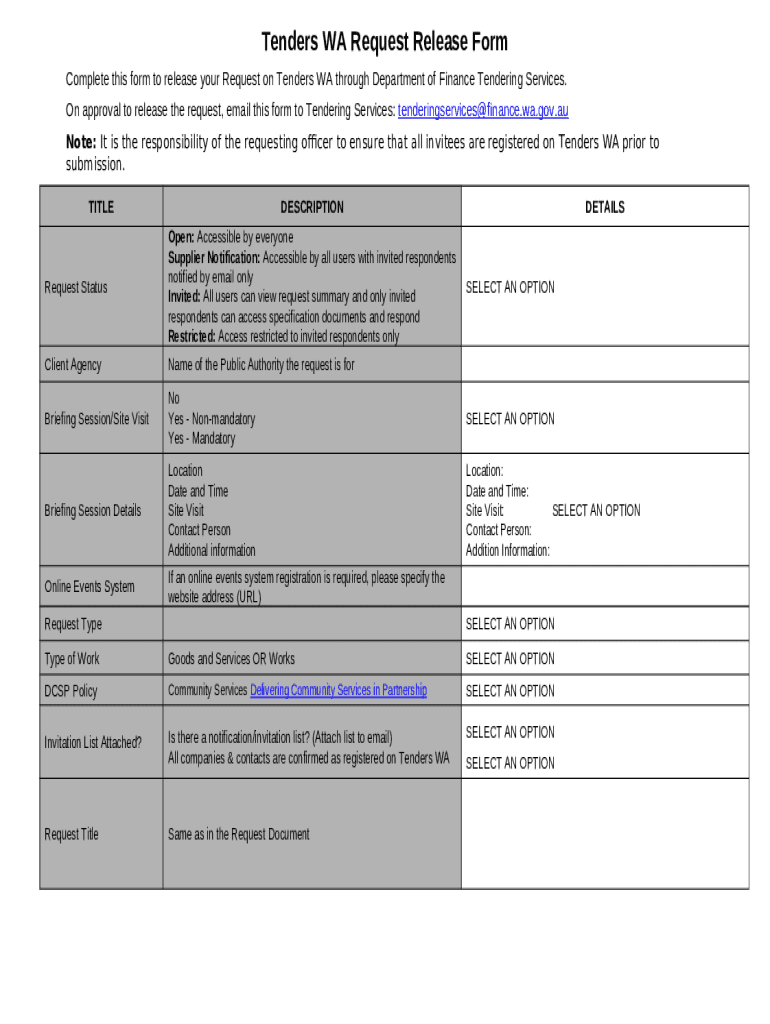 Tenders WA Release Request Doc Template | pdfFiller