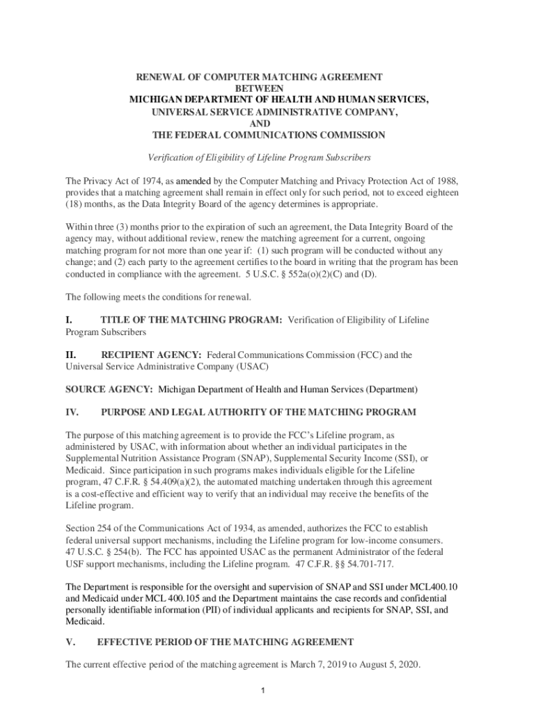 Fillable Online RENEWAL OF COMPUTER MATCHING AGREEMENT BETWEEN MICHIGAN DEPARTMENT OF ... Fax ...