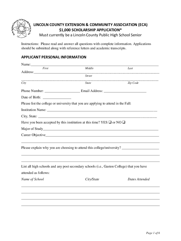 Fillable Online Lincoln Co. ECA Scholarship Application - HS Fax Email ...