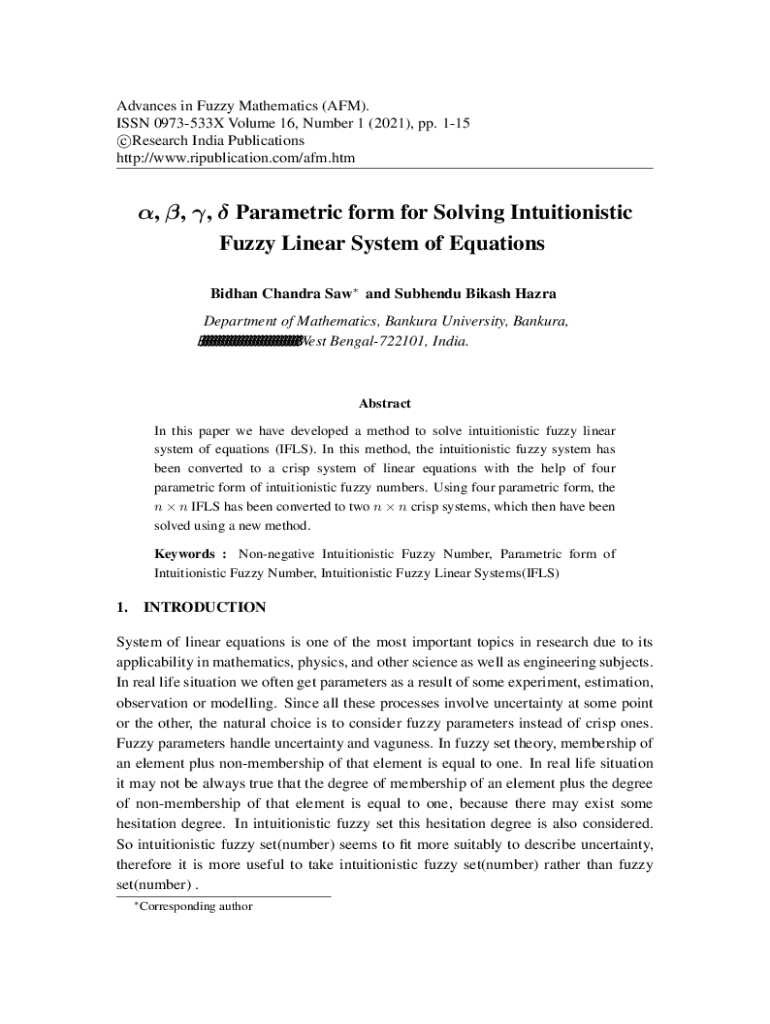 Fillable Online Parametric Form For Solving Intuitionistic Fuzzy Linear System Fax Email Print