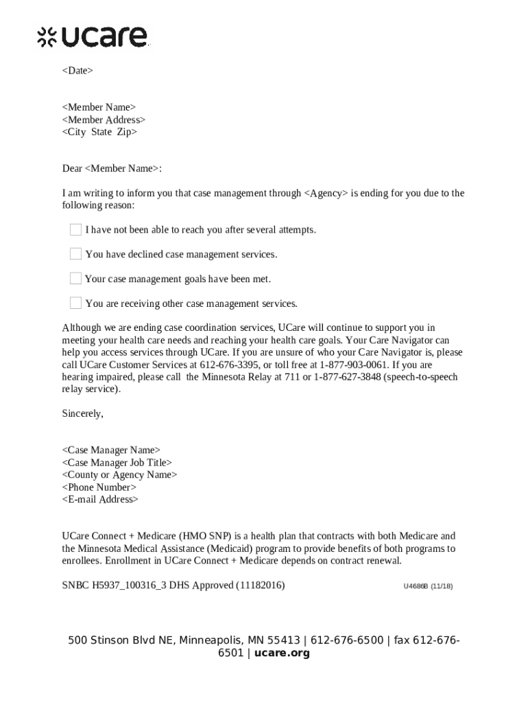 U4686 Discontinue Case Mgt Letter - UCare Doc Template | pdfFiller