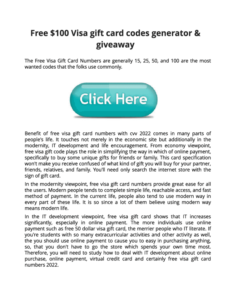 Fillable Online Free $100 Visa gift card codes generator & giveaway Fax ...