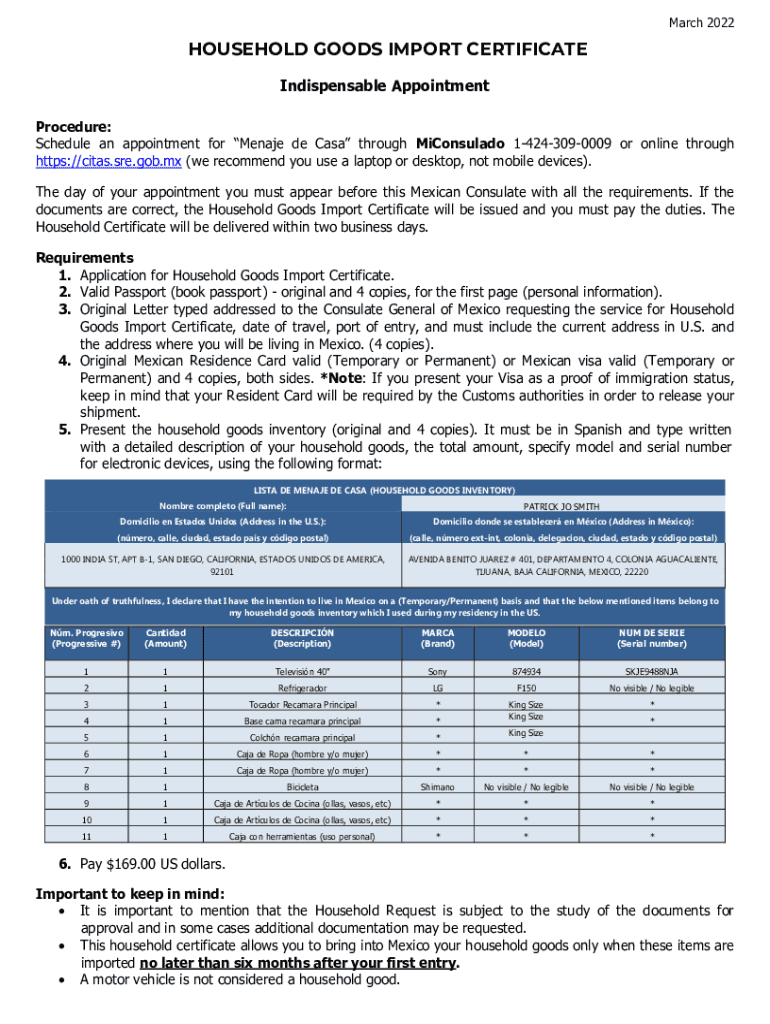 Fillable Online consulmex sre gob March 2022 HOUSEHOLD GOODS IMPORT ...