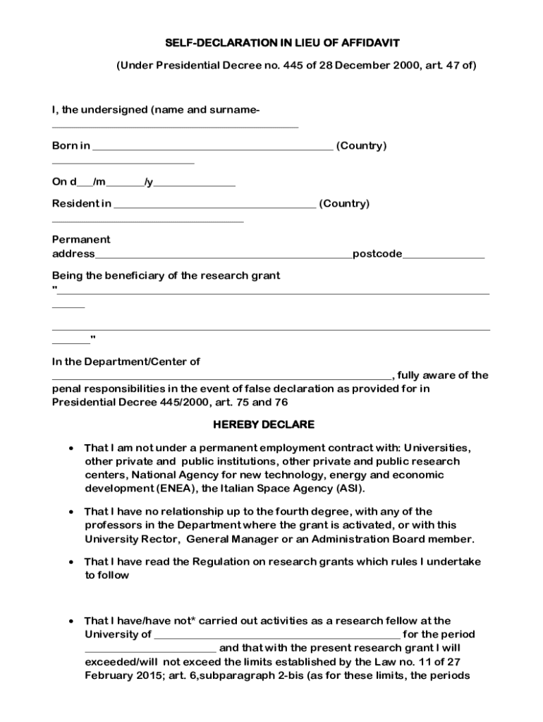 Fillable Online STATEMENT IN LIEU OF AN AFFIDAVIT (Article 47 of ...