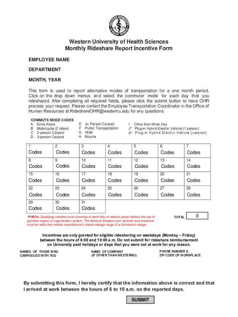 Fillable Online Western University of Health Sciences Rideshare Report ...