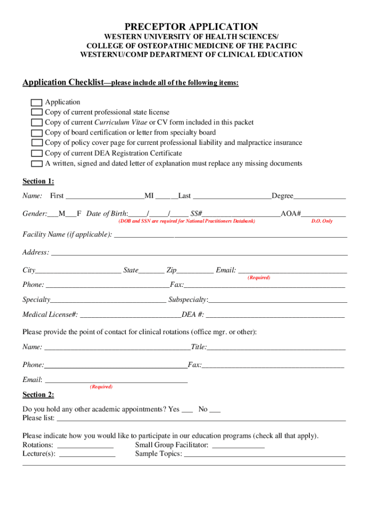 Fillable Online PRECEPTOR APPLICATION - Western University of Health ...